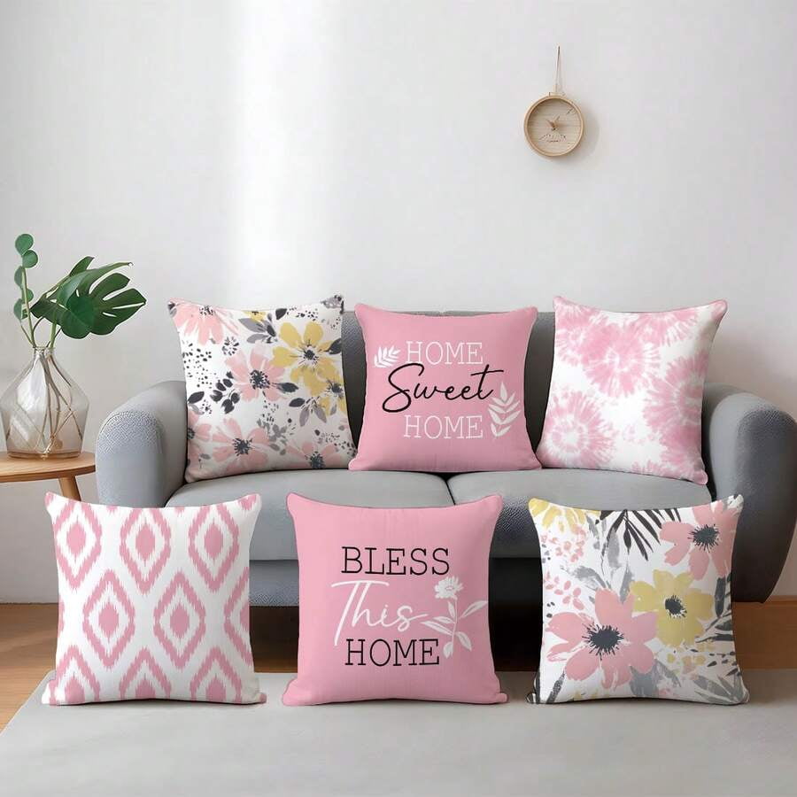 6Pc Pink Floral & Geometric Pattern Cushion Cover Set, Peach Velvet ...