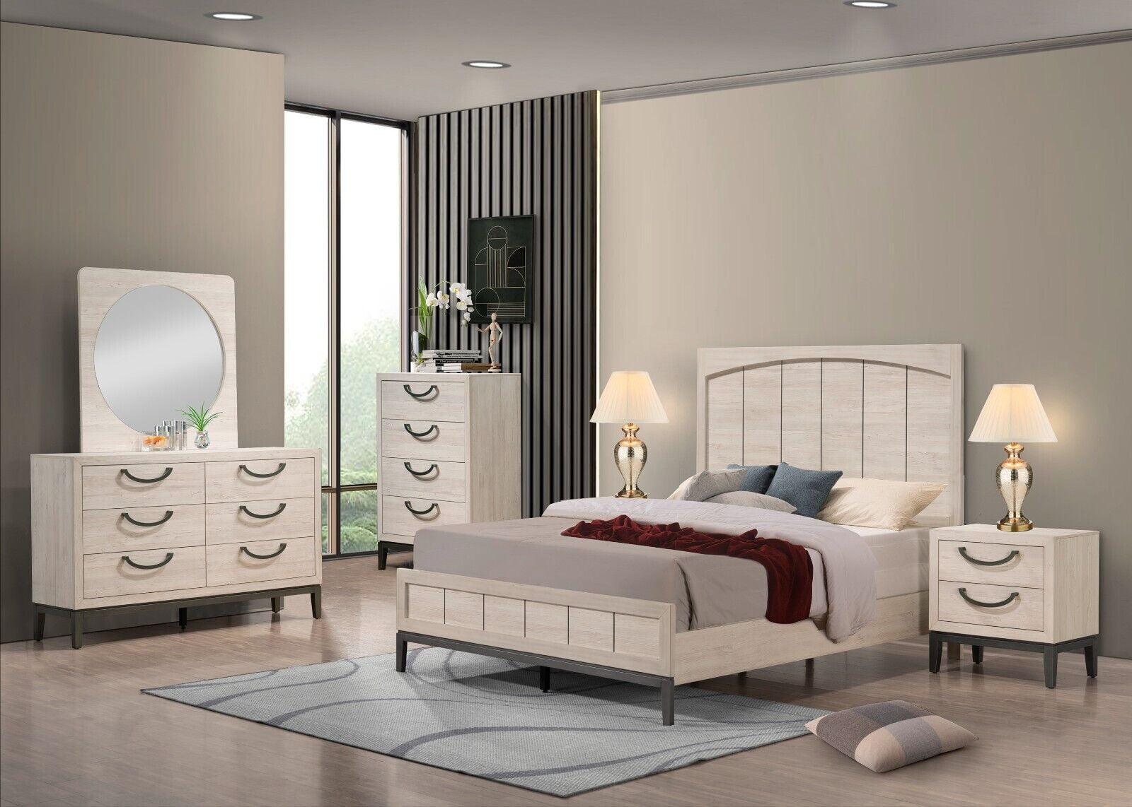 6Pc Unique Design Bedroom Set Beige Finish Queen Size Bed Dresser ...