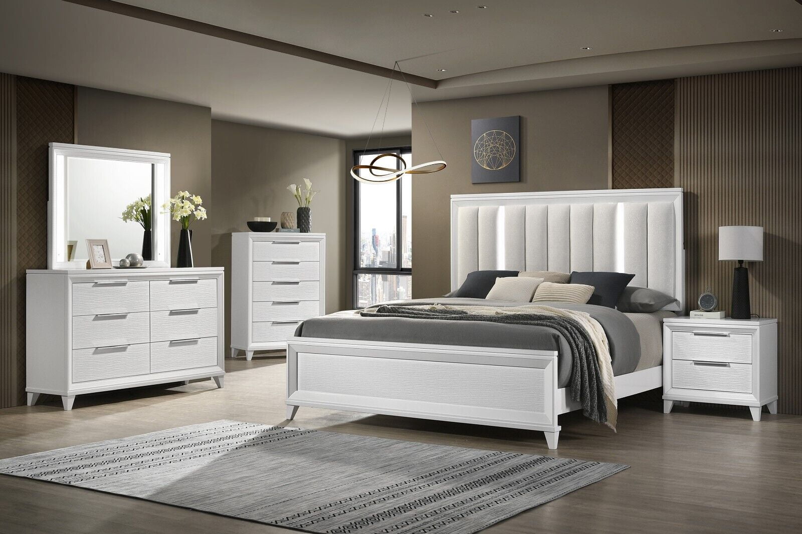 6Pc White Finish Queen Size Bedroom Set Built in Lighting HB Upholstered Bed Bedroom Furniture ...
