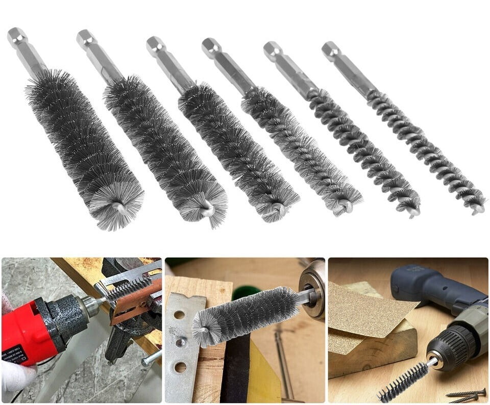 6Pcs 1/4" Hex Shank Stainless Steel Bore Cleaning Brushes 8-19mm for ...