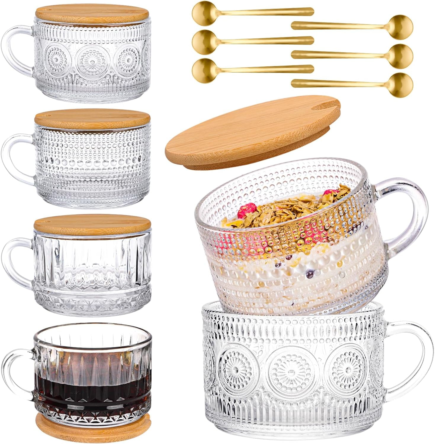 6Pcs 14oz Glass Vintage Coffee Mugs Set, Glass Iced Coffee Cups with ...