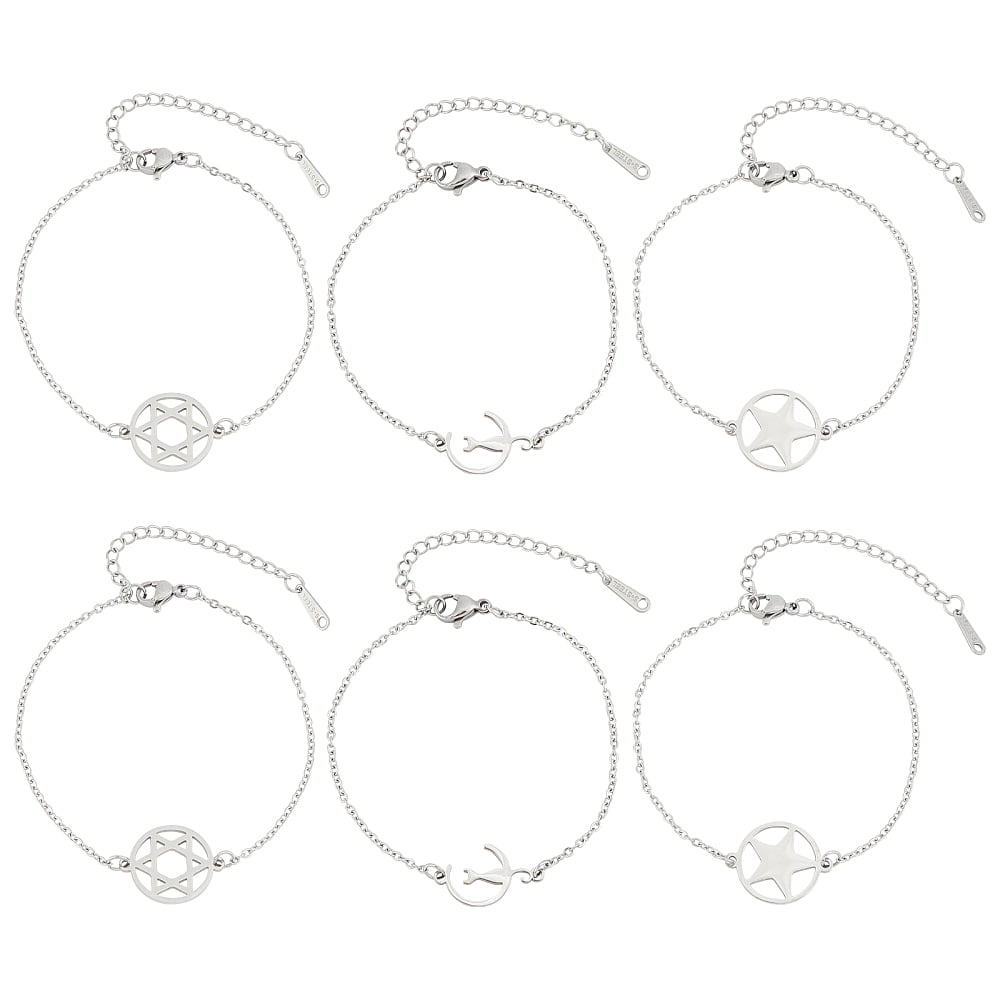 6Pcs 3 Styles 201 Stainless Steel Pentacle Link Bracelets with Lobster ...