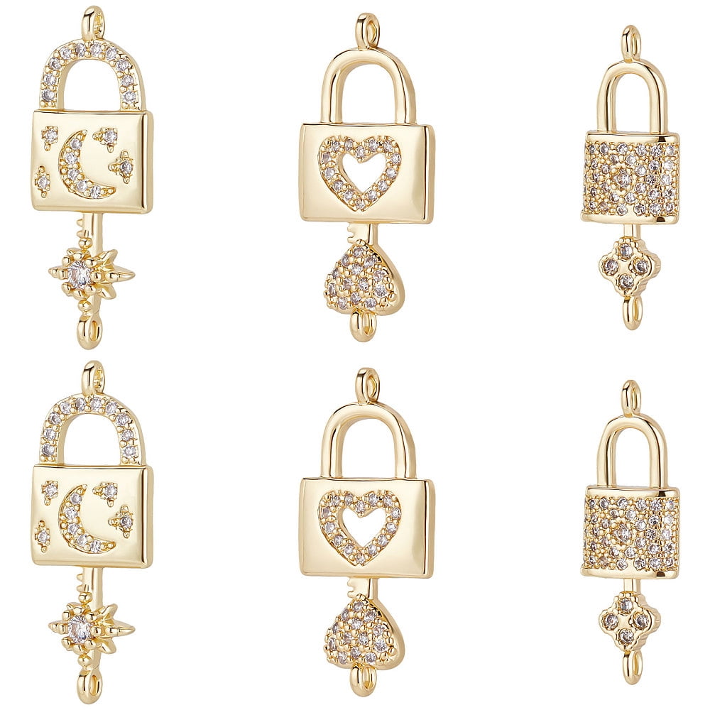 6Pcs 3 Styles Brass Micro Pave Clear Cubic Zirconia Connector Charms ...