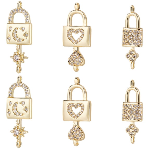 6Pcs 3 Styles Brass Micro Pave Clear Cubic Zirconia Connector Charms ...