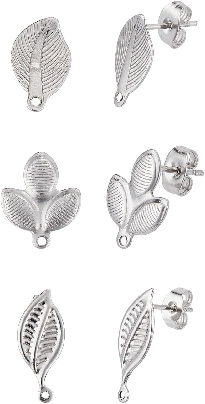 6Pcs 3 Styles Stainless Steel Stud Earrings Leaf Stud Earrings with Ear ...