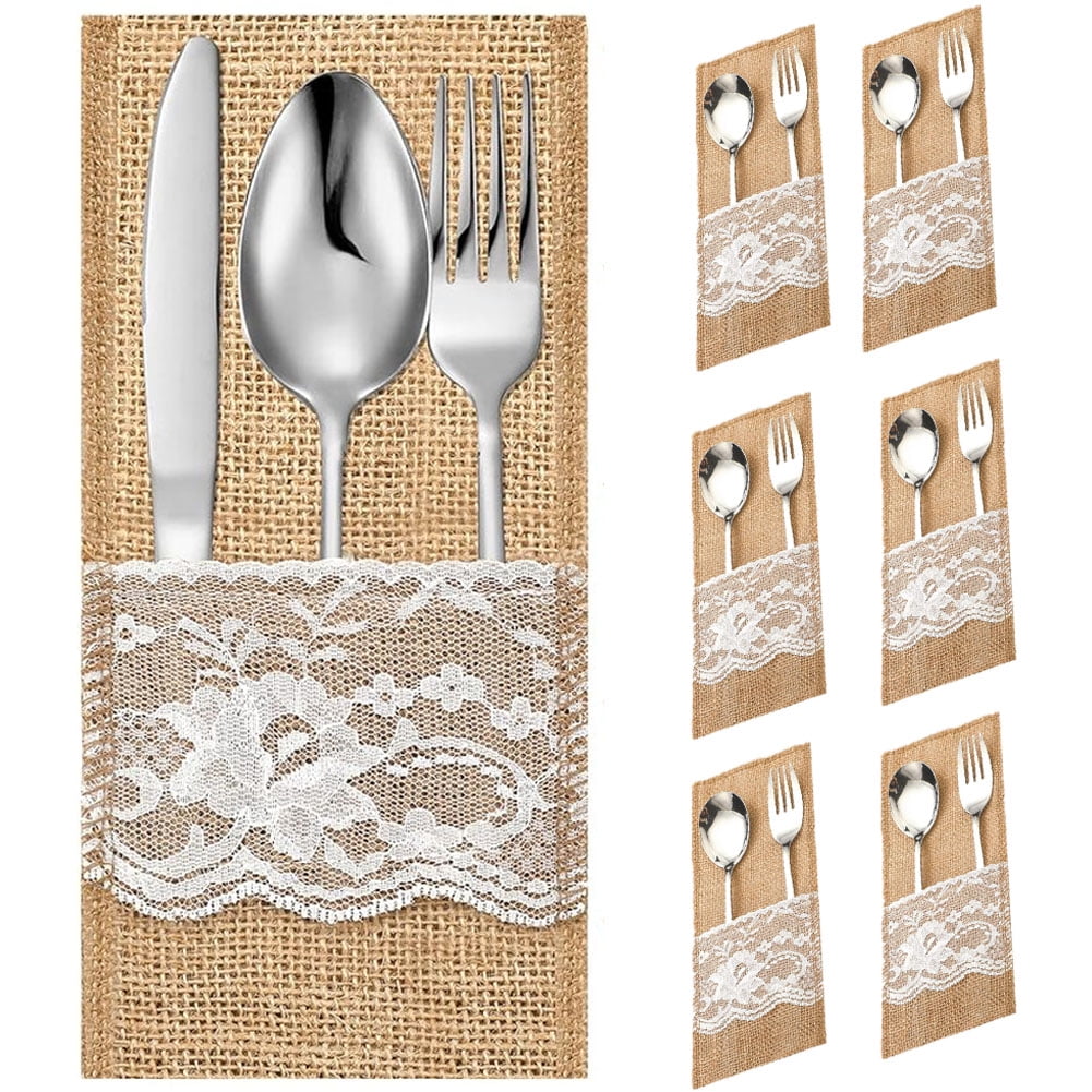 6Pcs 4.1 x 8.9 Inch Wedding Natural Burlap Lace Utensil Holders Pouch ...