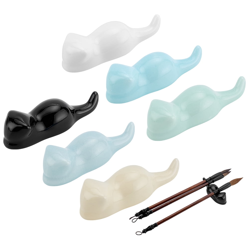 6Pcs 6 Colors Ceramics Cat Shape Calligraphy Brush Holder Mixed Color ...