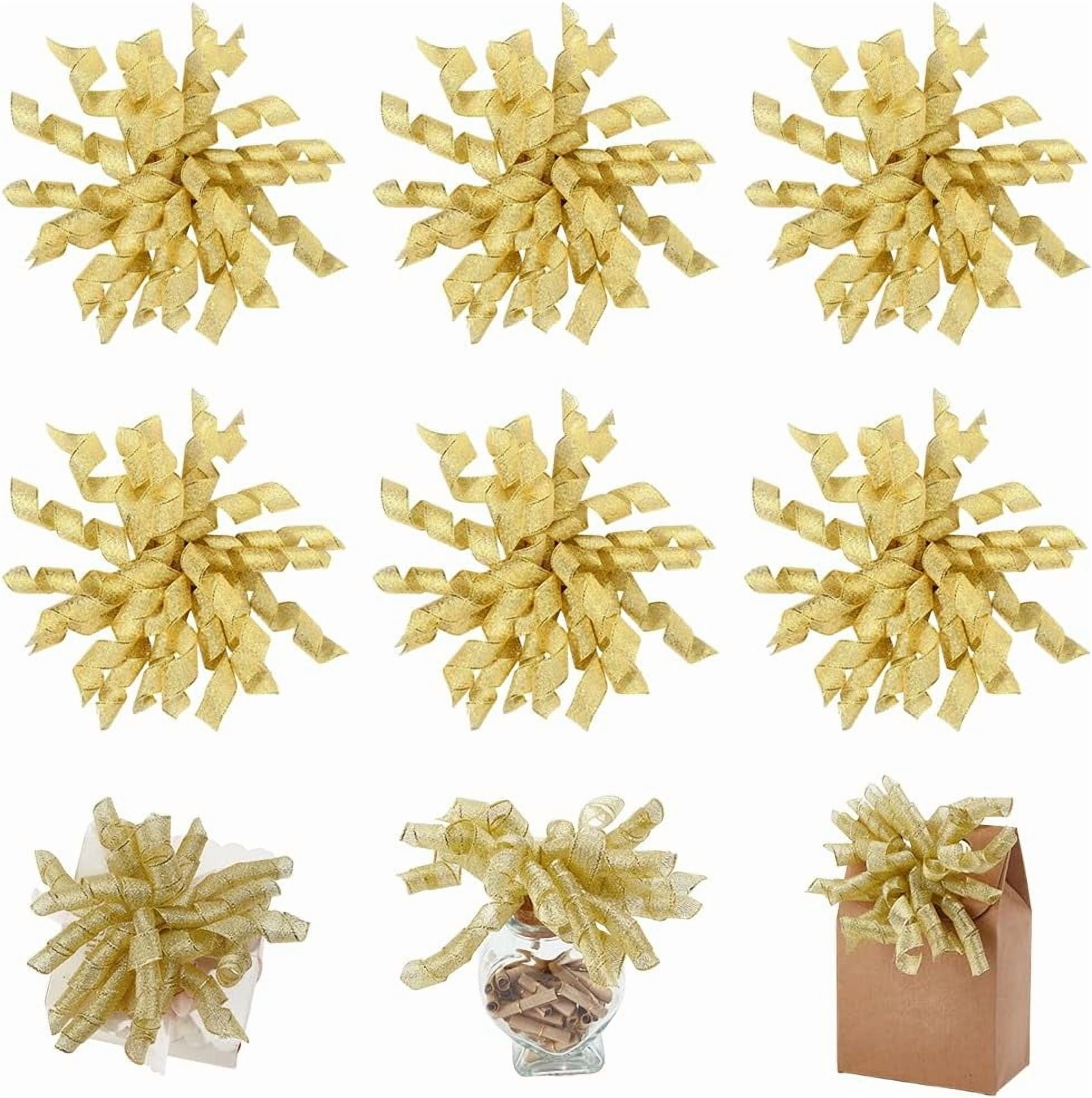 6Pcs 6" Gold Yellow Metallic Curly Ribbon Bow Pre Tied Self Adhesive ...