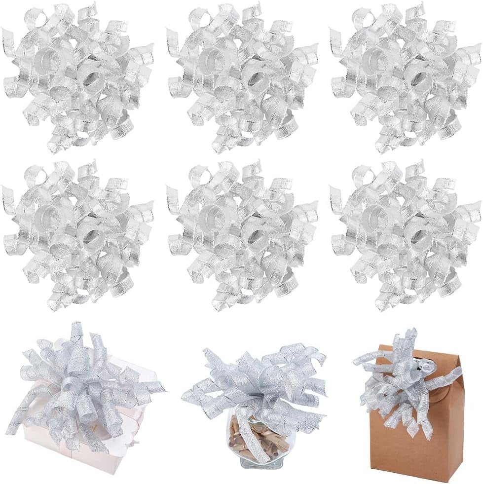 6Pcs 6" Gray Metallic Curly Ribbon Bow Pre Tied Self Adhesive Tab Gift ...