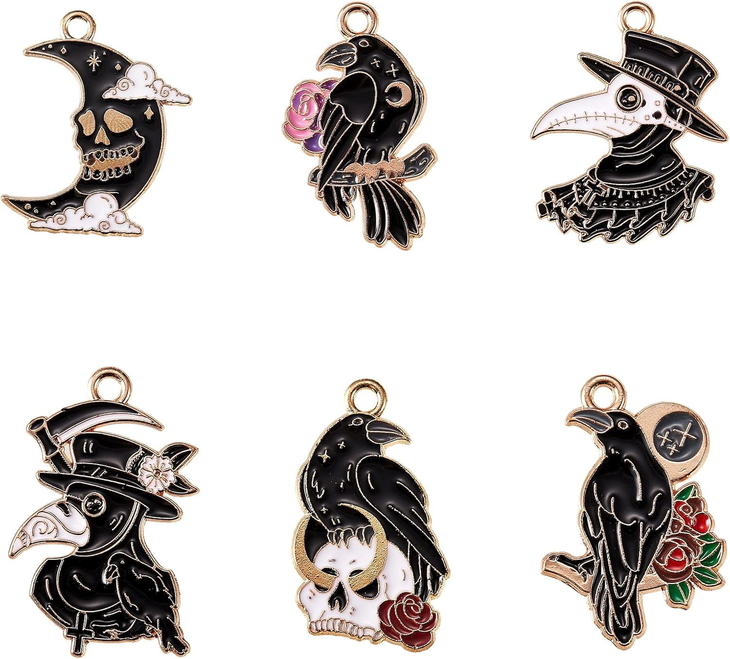 6Pcs 6 Style Halloween Raven Enamel Charms Metal Gothic Bird Skull ...