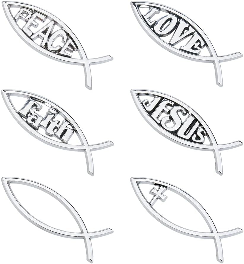 6Pcs 6 Style Jesus Fish Car Sticker Silver Auto Emblem Plastic Cross ...