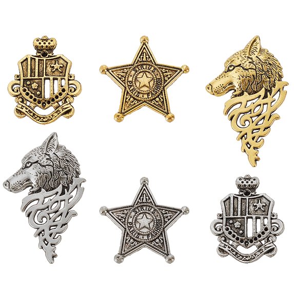6Pcs 6 Style Sirius Theme Alloy Brooches Star Wolf Shield Badges for ...