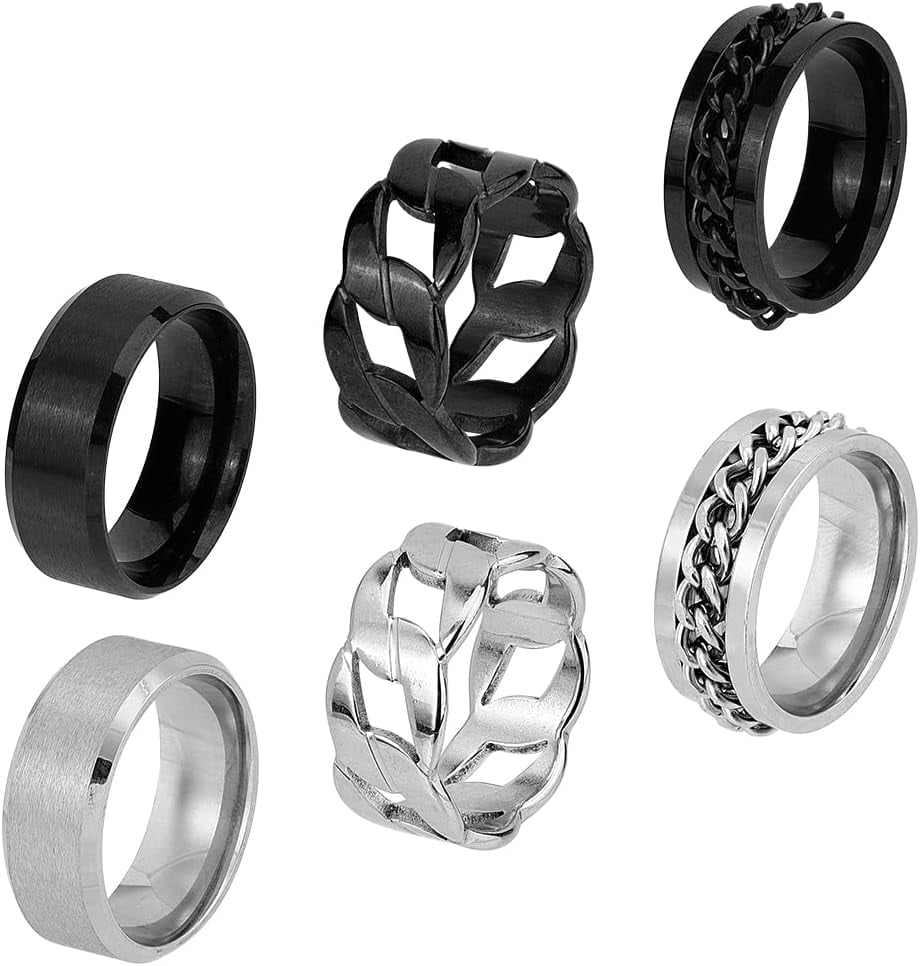 6Pcs 6 Style Stainless Steel Plain Curb Chains Finger Rings Set for ...