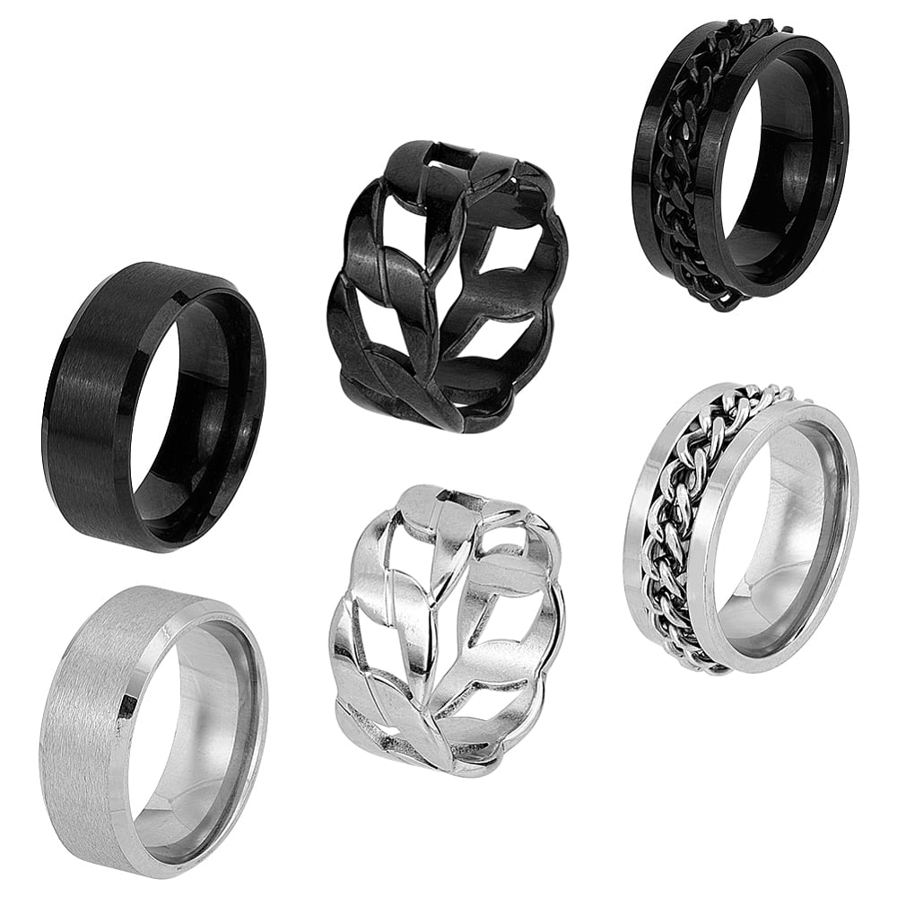 6Pcs 6 Style Stainless Steel Plain Curb Chains Finger Rings Set for ...