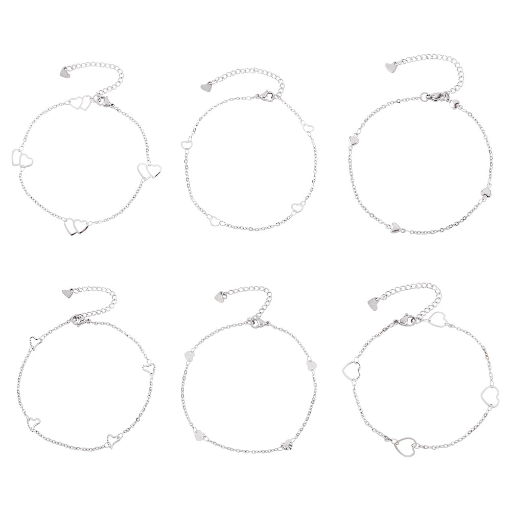 6Pcs 6 Styles 304 Stainless Steel Cable Chain Anklets with Heart Link ...
