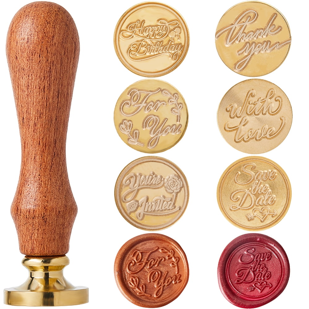 6Pcs 6 Styles Brass Seal Stamp Head with 1Pc Pear Wood Handle for DIY ...
