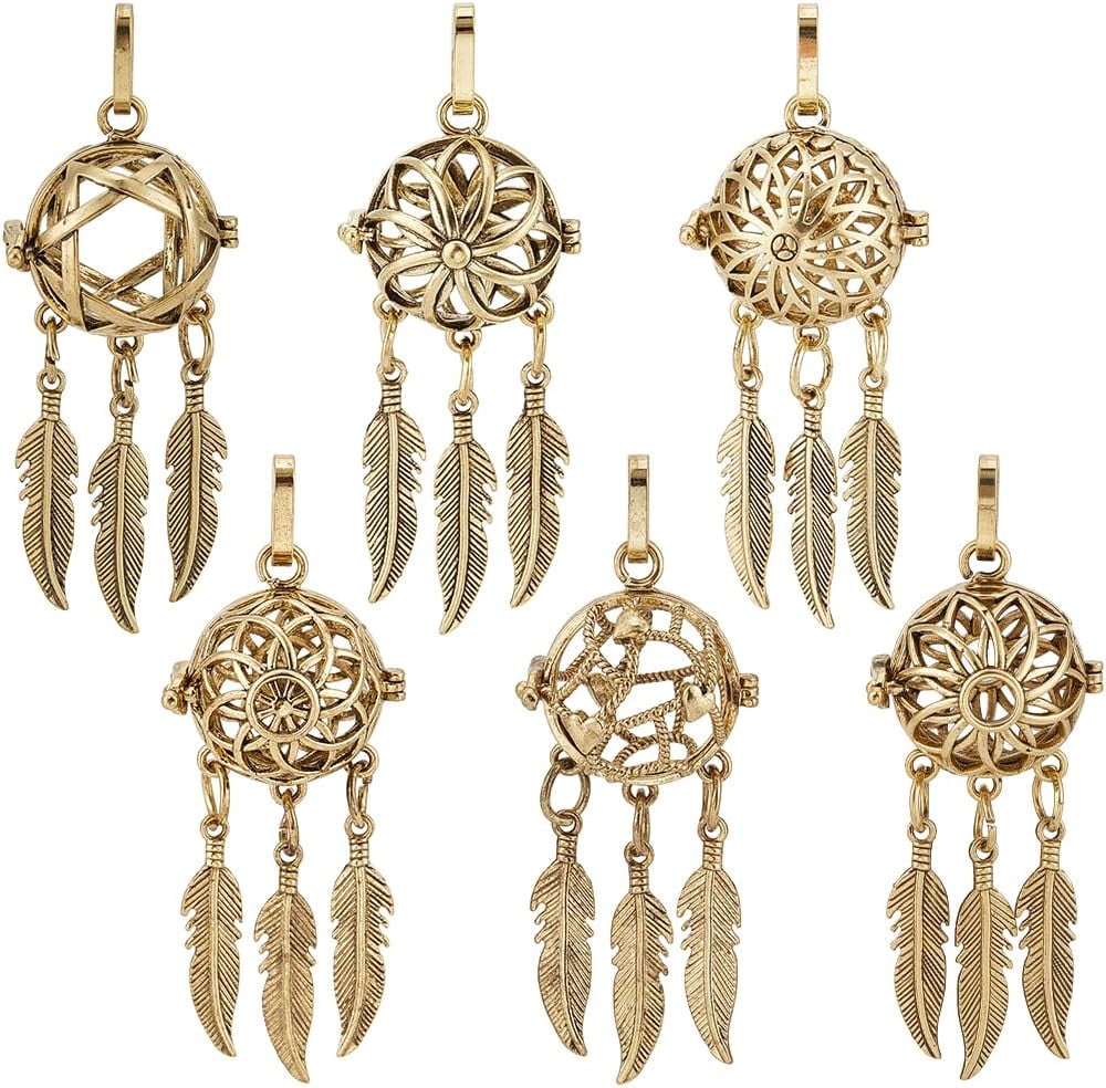 6Pcs 6 Styles Hollow Brass Bead Cage Big Pendants Woven Net/Web with ...
