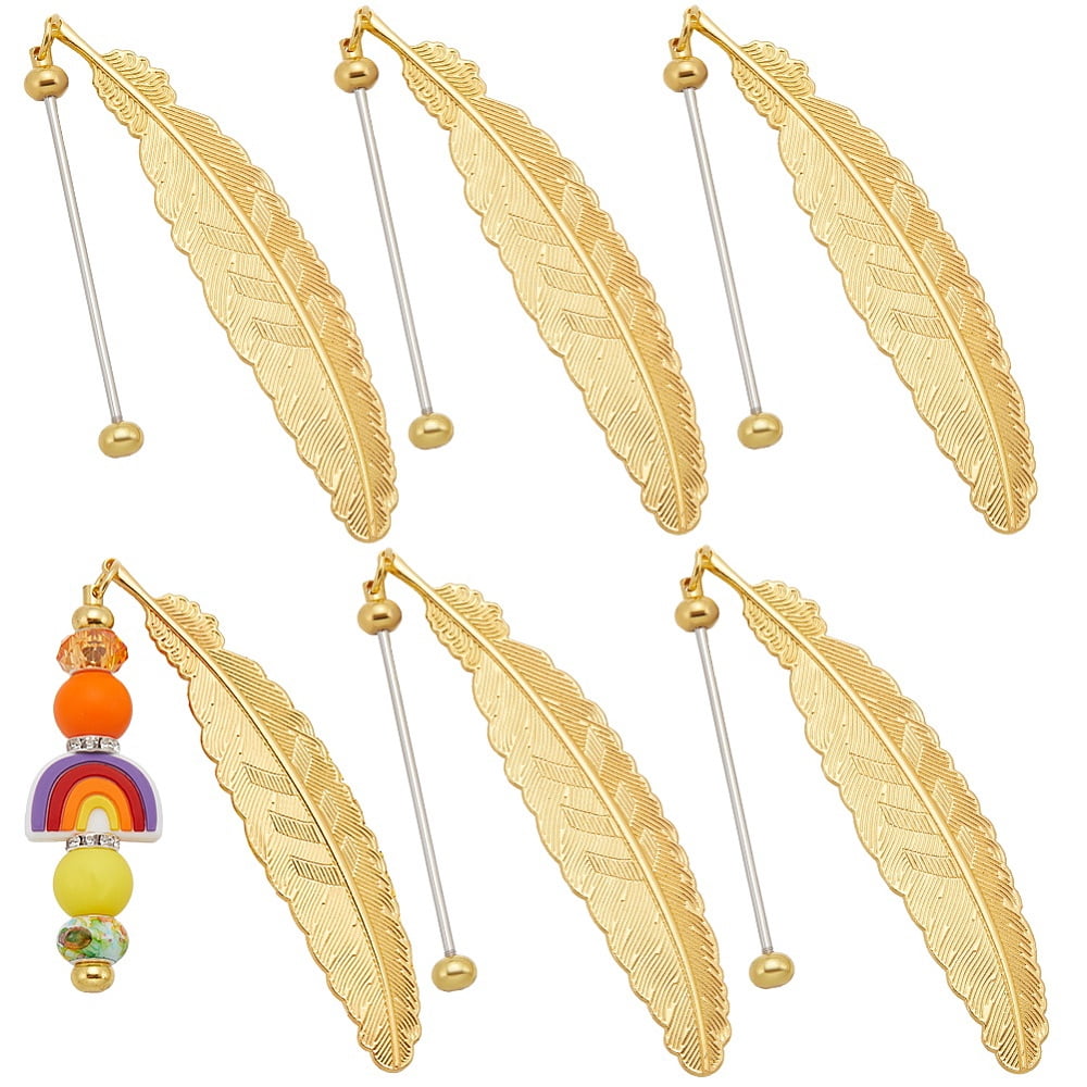 6Pcs Alloy Feather Pendant Bookmarks Beadable Bookmarks Gold 197mm ...