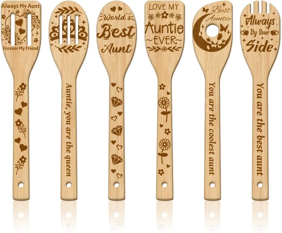 6Pcs Aunt Auntie Wooden Spoons Utensil Set Bamboo Carving Kitchen ...