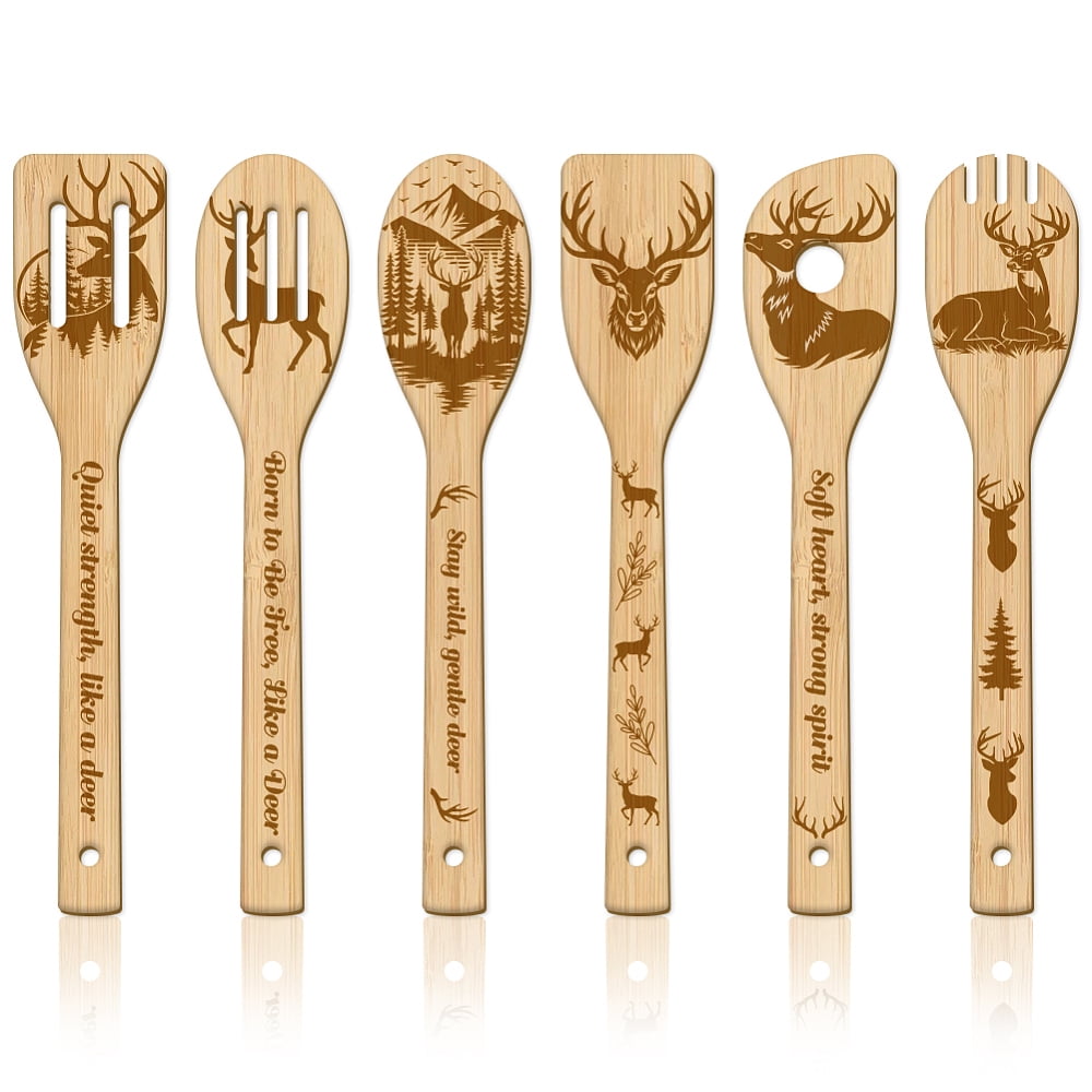6Pcs Bamboo Spoons & Knifes & Forks Flatware for Dessert Deer 60x300mm ...