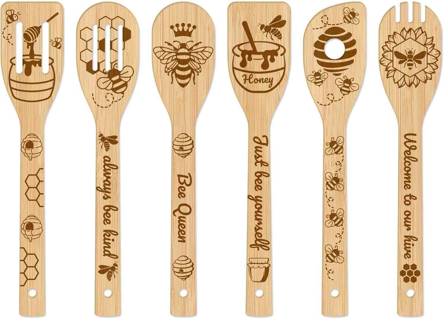 6Pcs Bee Bamboo Cooking Utensils Wooden Engraved Cooking Spoons Set ...