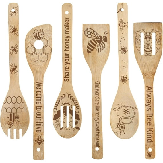 6Pcs Bees Wooden Spoons Utensil Honeycomb Honey Jay Sweet Words Spring ...
