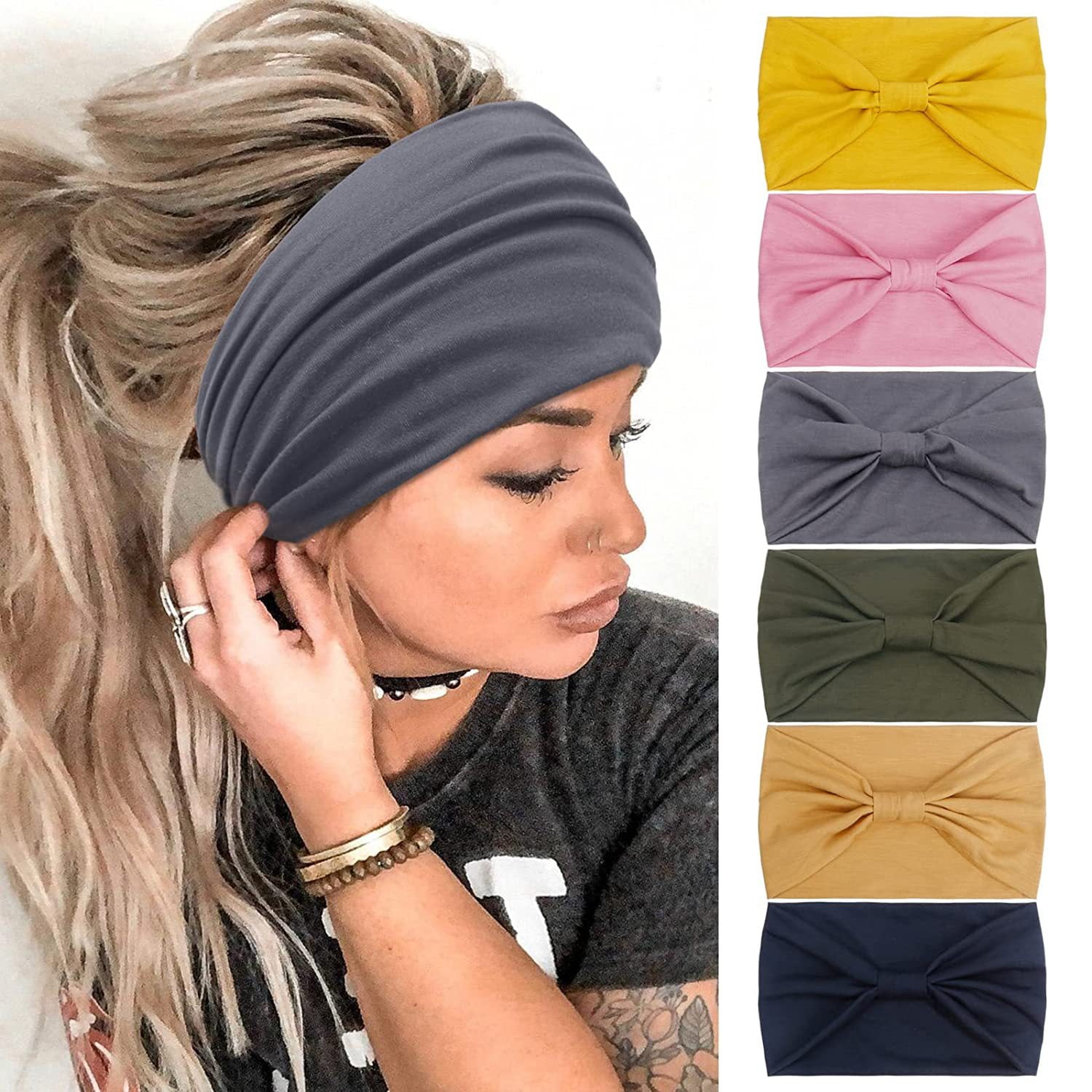 6Pcs Boho Wide Elastic Turban Head Wraps Non-Slip Sport Hair Bands For ...