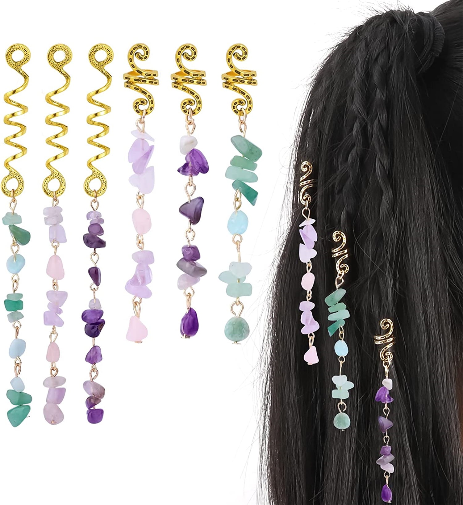 6Pcs Braids Hair Jewelry , Casewin Natural Colored Crystal Stone Hair ...