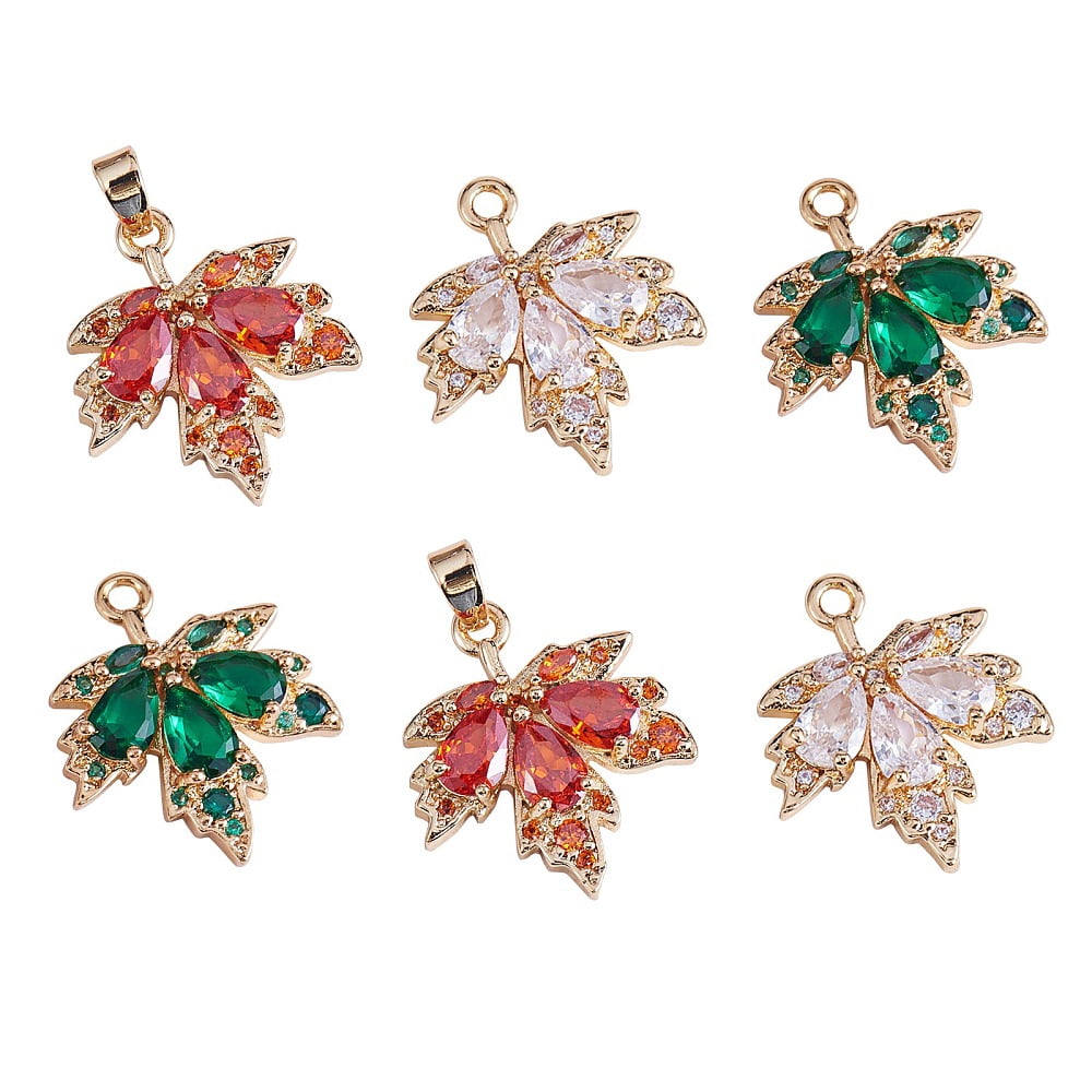 6Pcs Brass Cubic Zirconia Pendants Maple Leaf Charm Real 18K Gold ...