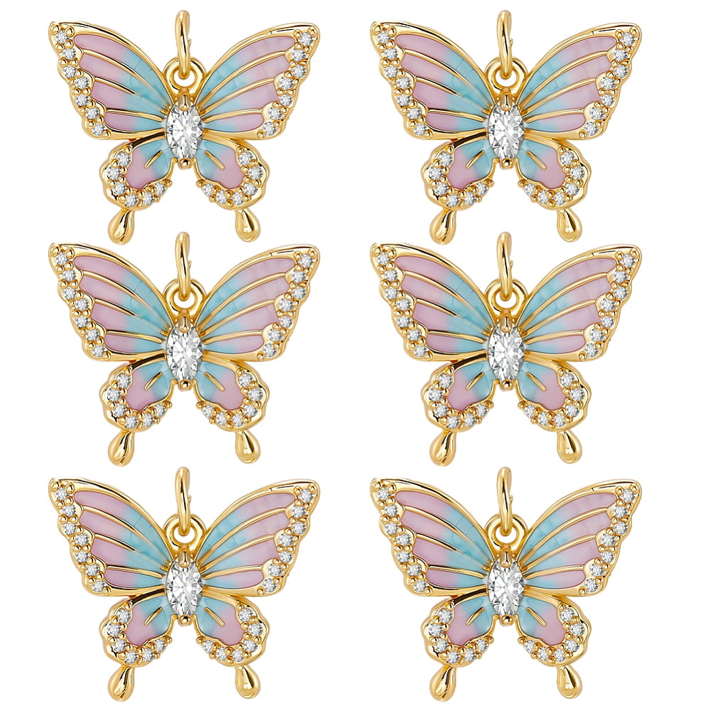 6Pcs Brass Micro Pave Cubic Zirconia Pendants with Enamel Butterfly ...