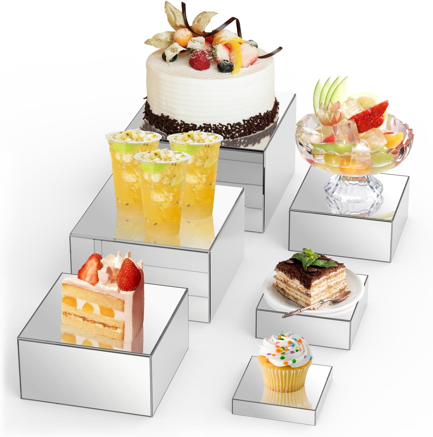 6Pcs Buffet Risers,Mirror Acrylic Food Risers for Buffet Table,Silver ...