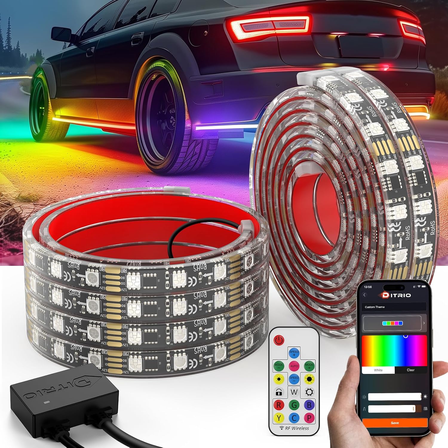 6Pcs Car Underglow Neon Accent Strip Lights 252 LEDs RGB 8 Color Sound ...