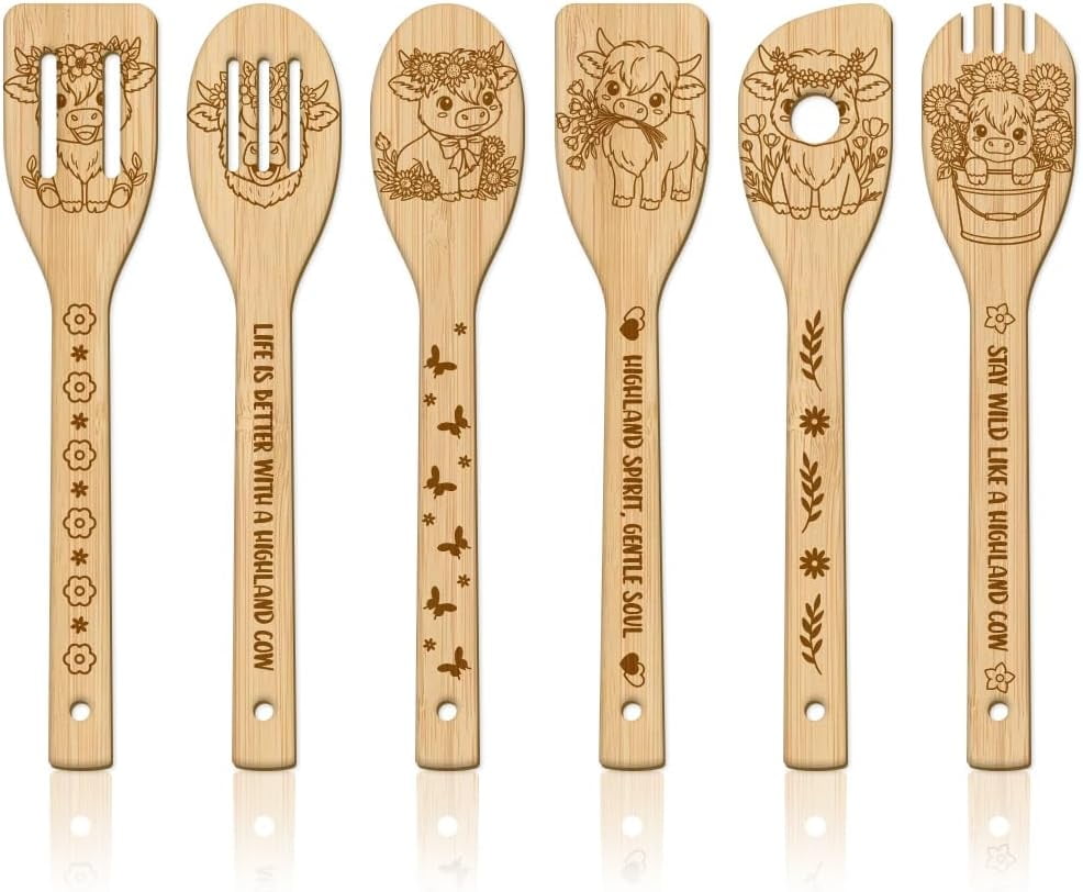 6Pcs Cartoon Highland Cattle Wooden Spoons Utensil Set Flowers Animals ...