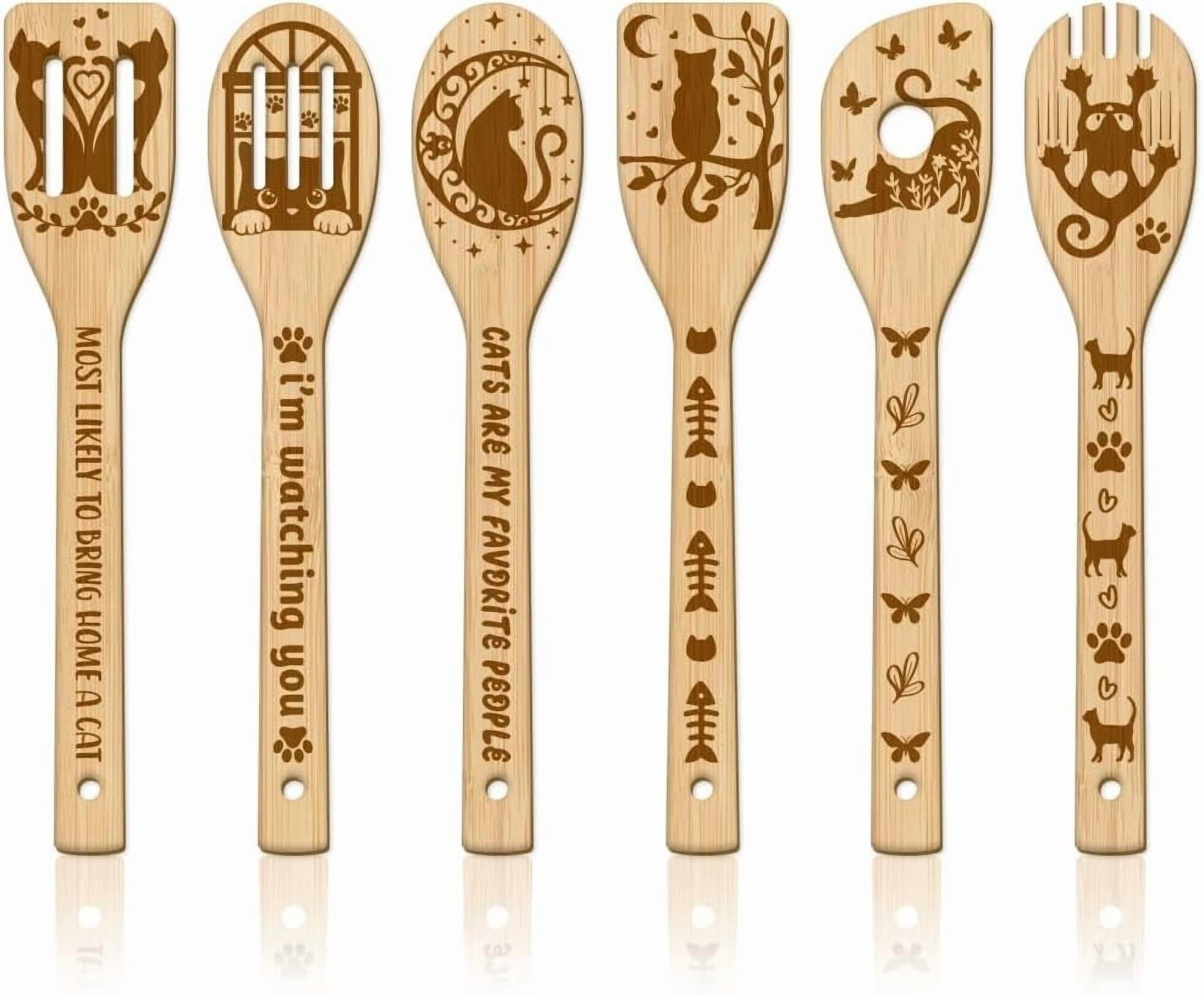 6Pcs Cat Bamboo Cooking Utensils Wooden Engraved Cooking Spoons Set ...
