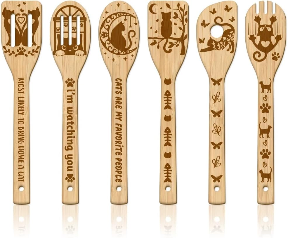 6Pcs Cat Bamboo Cooking Utensils Wooden Engraved Cooking Spoons Set ...