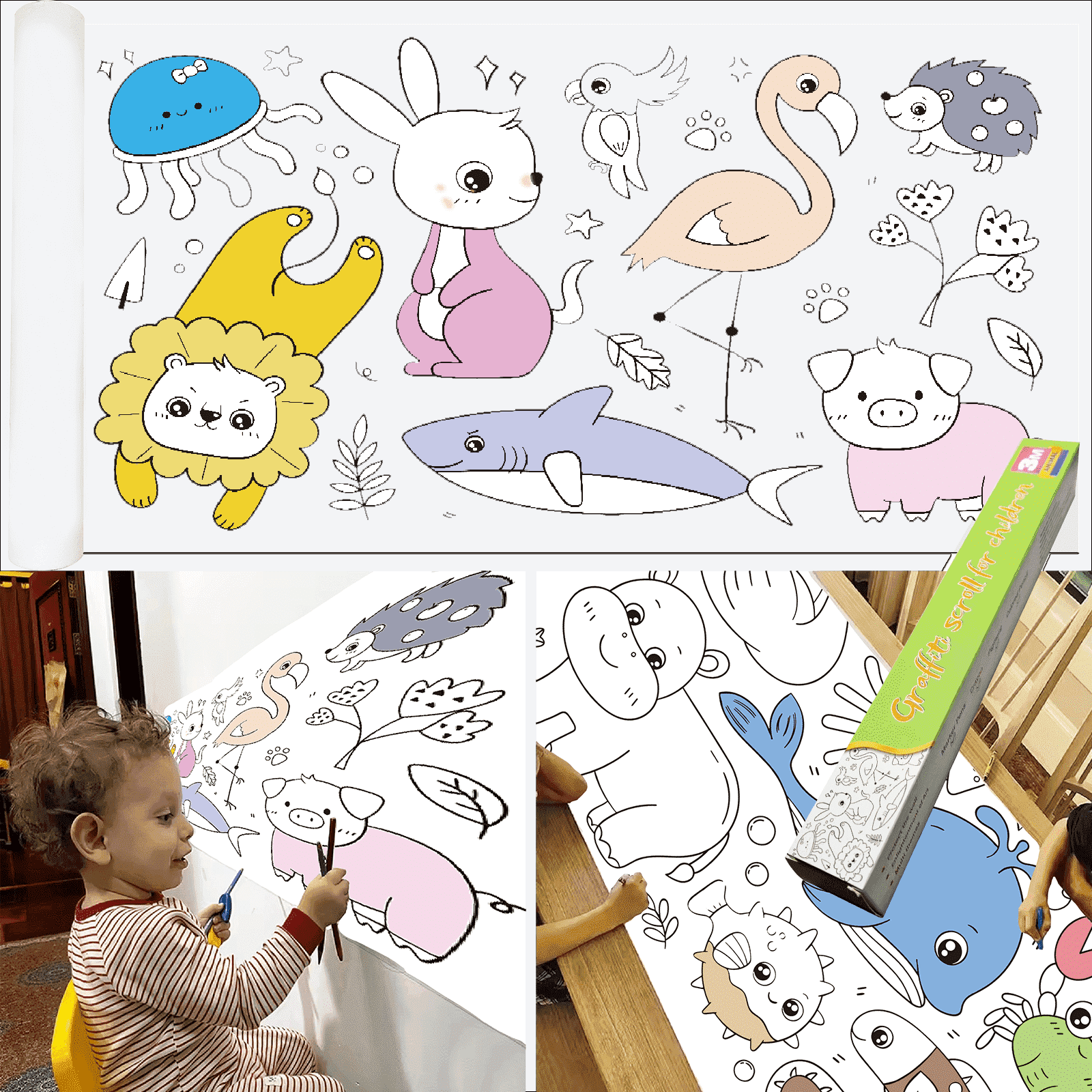 6Pcs Children’s Graffiti Drawing Roll,Animal Theme, 118 inch X 11.8 ...