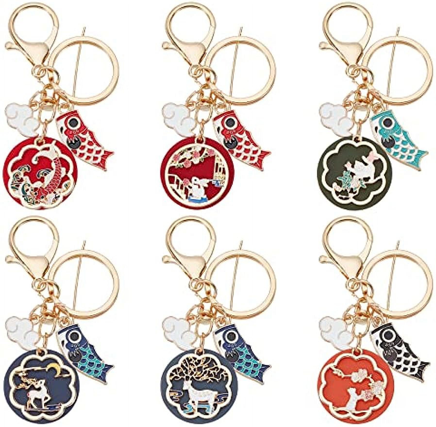 6Pcs Chinese Style Koi Fish Keychains Lucky Ceramic Cat & Deer & Moon ...