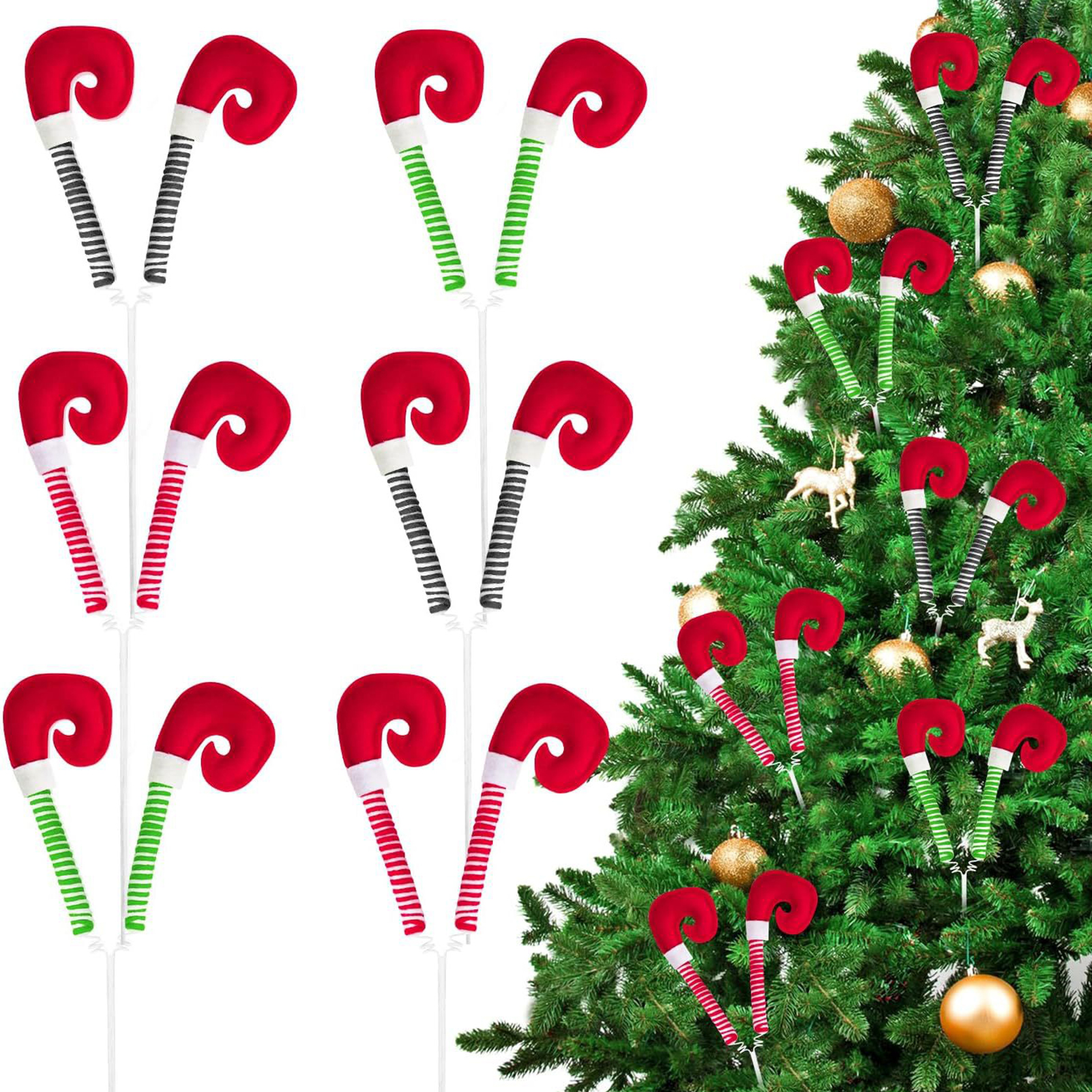 6Pcs Christmas Elf Leg Picks Xmas Tree Ornaments Plush Stuffed Striped ...