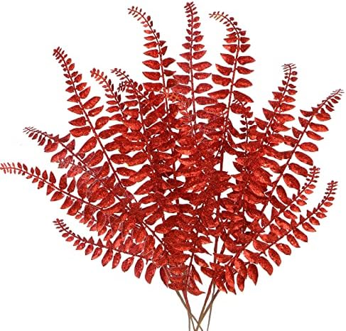 6Pcs Christmas Glitter Leaves Boston Fern Leaves 25" Artificial Red ...
