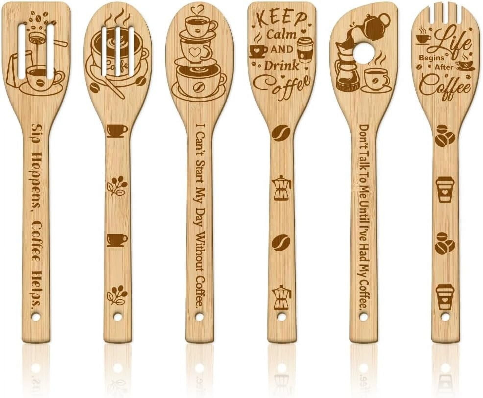 6Pcs Coffee Bamboo Cooking Utensils Wooden Engraved Cooking Spoons Set ...