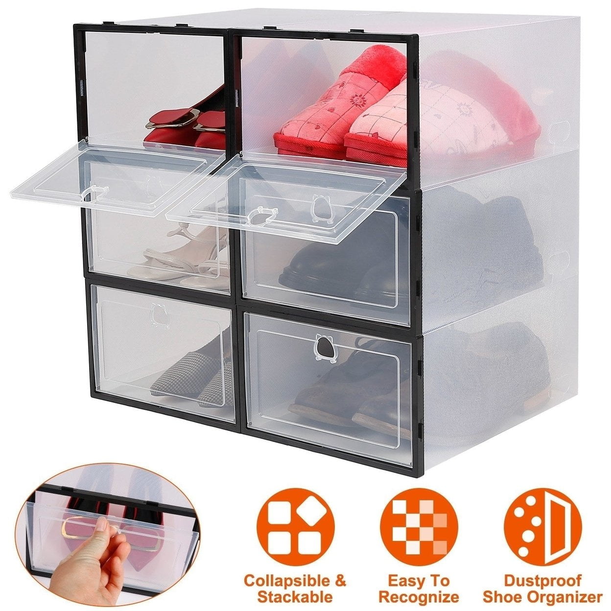 6Pcs Collapsible Shoe Box Stackable Shoe Storage Bin Transparent PP ...