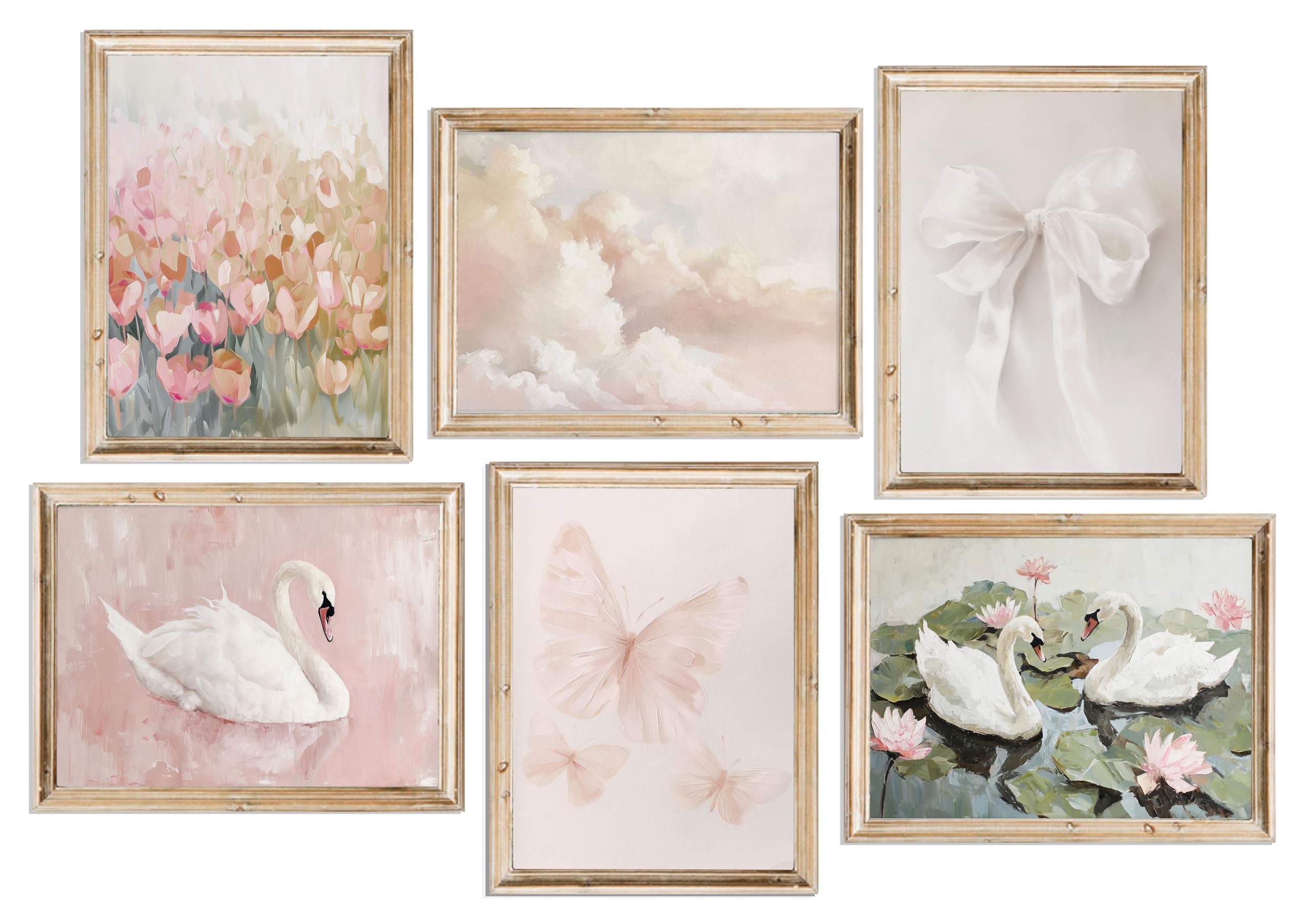 6Pcs Coquette Wall Art Pastel Pink Trendy Canvas Bow Posters White Swan ...
