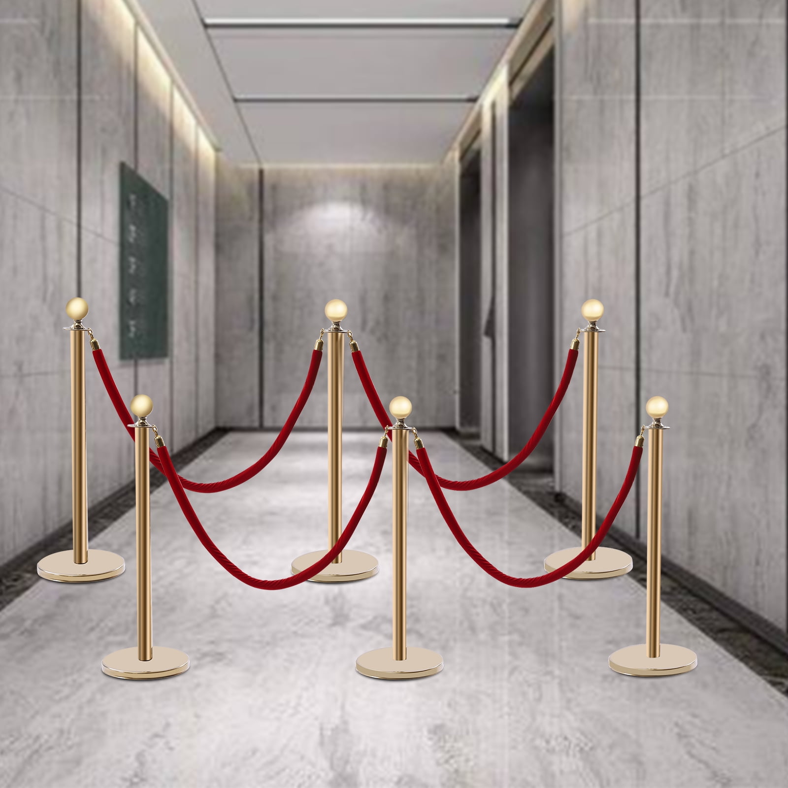 6Pcs Gold Metal Crowd Control Stanchion Set with 1.5m Red Velvet Rope ...