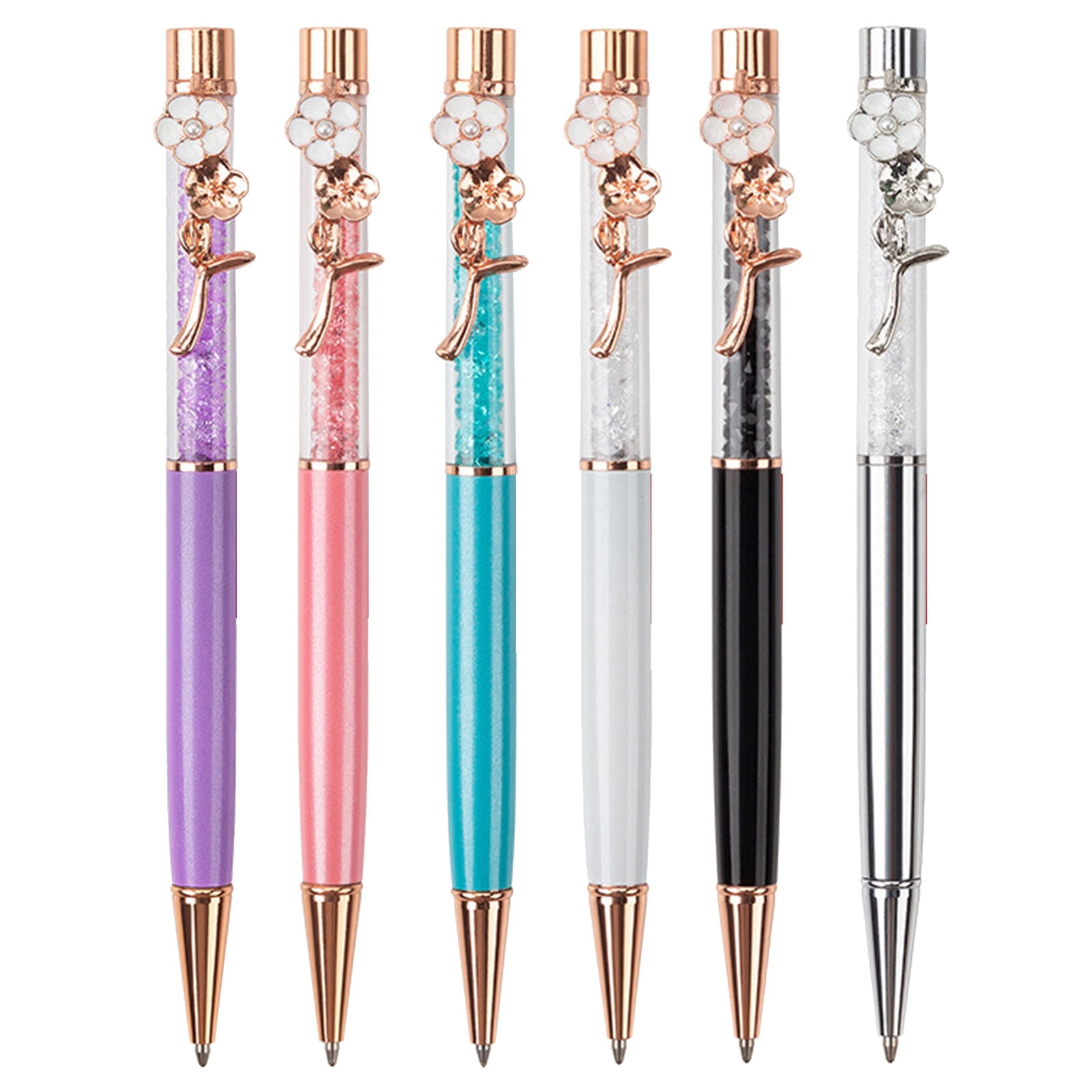 6Pcs Crystal Ballpoint Pen with Flower Pen Clip Signing Pen Smooth to ...