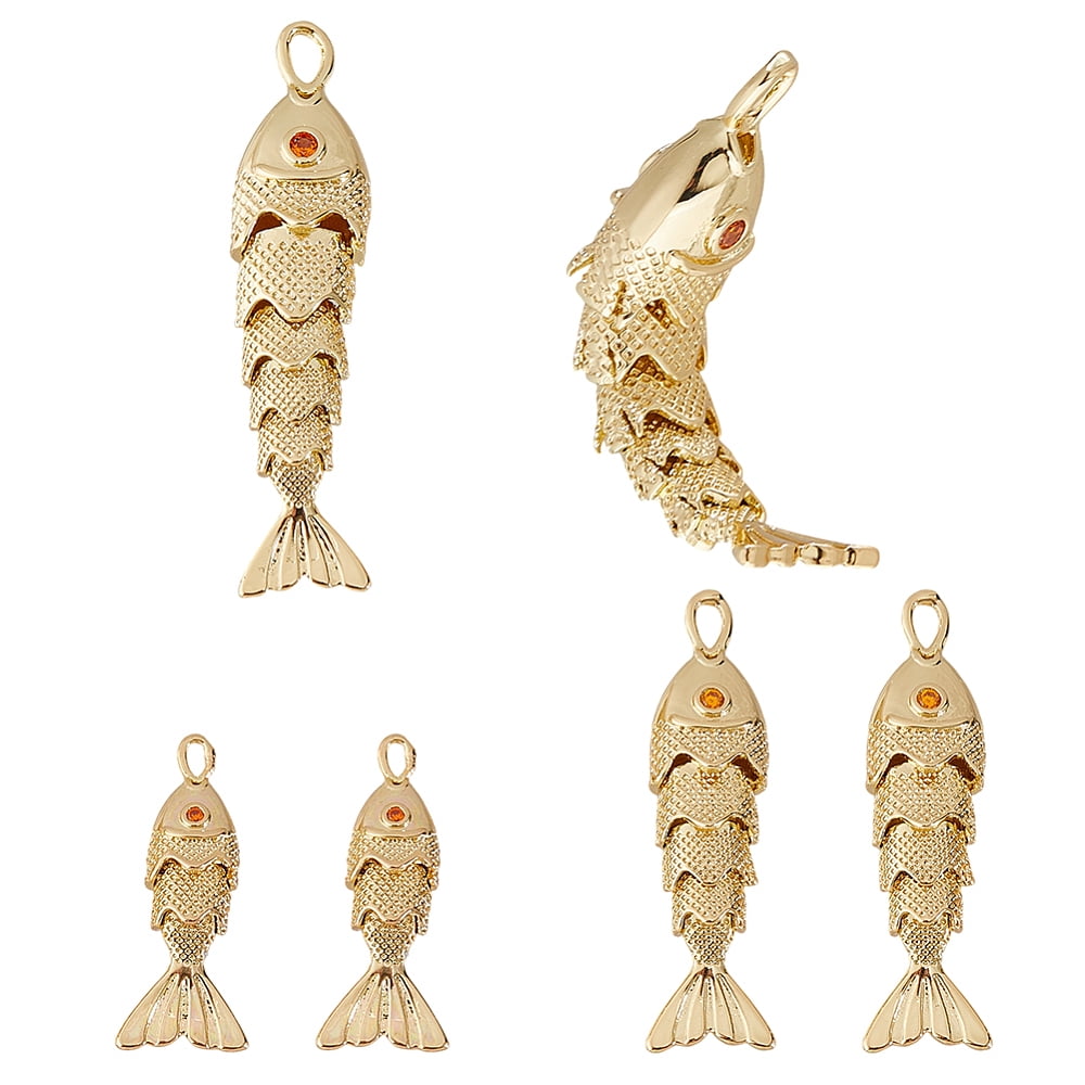 6Pcs Cubic Zirconia Fish Charms 3 Styles Movable 3D Fish Charm 24K Gold ...