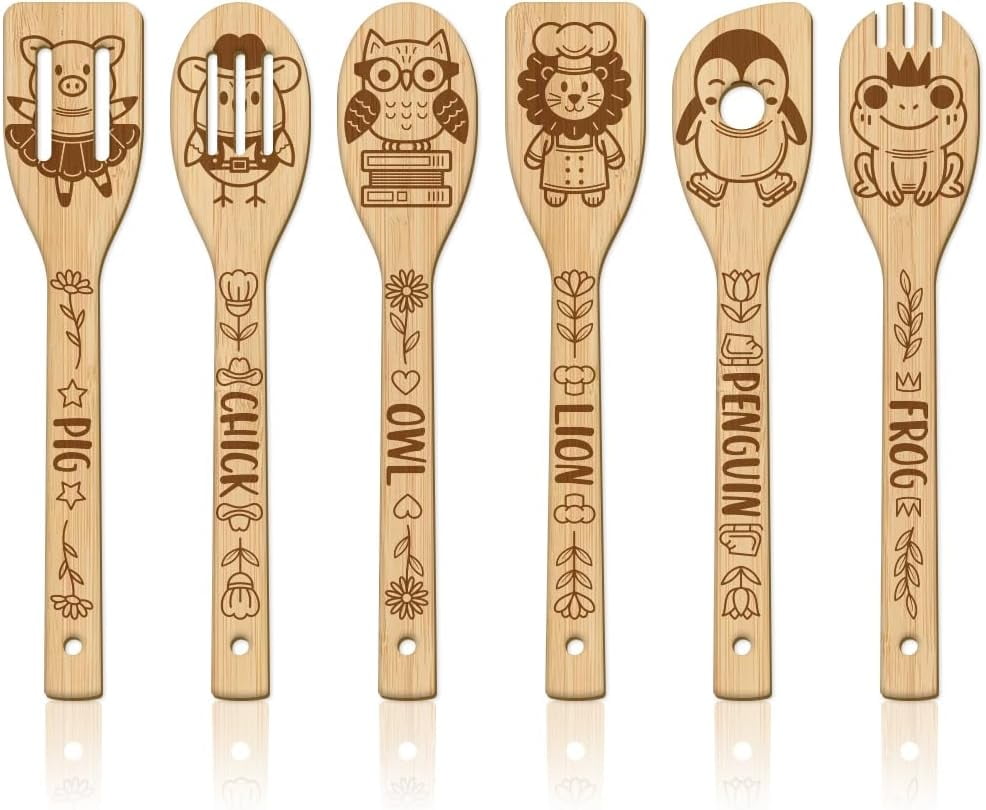 6Pcs Cute Animals Wooden Spoons Utensil Set Cartoon Animals Bamboo ...