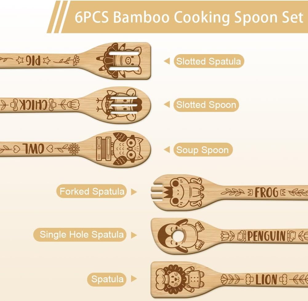 6Pcs Cute Animals Wooden Spoons Utensil Set Cartoon Animals Bamboo ...