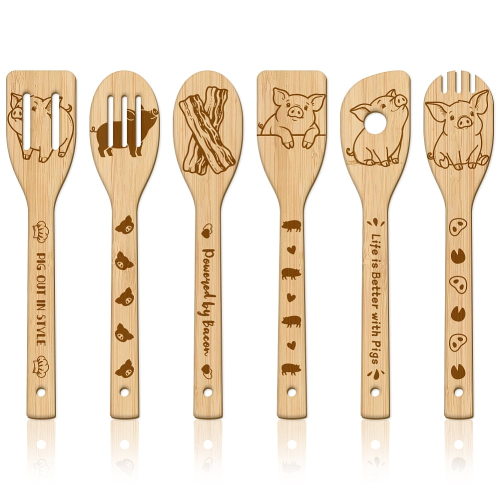 6Pcs Cute Pigs Wooden Spoons Utensil Set Foods Bacon Bamboo Carving ...