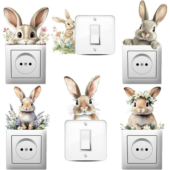 6Pcs Cute Rabbit Light Switch Stickers 7x7 Inch Easter Rabbit Flower ...