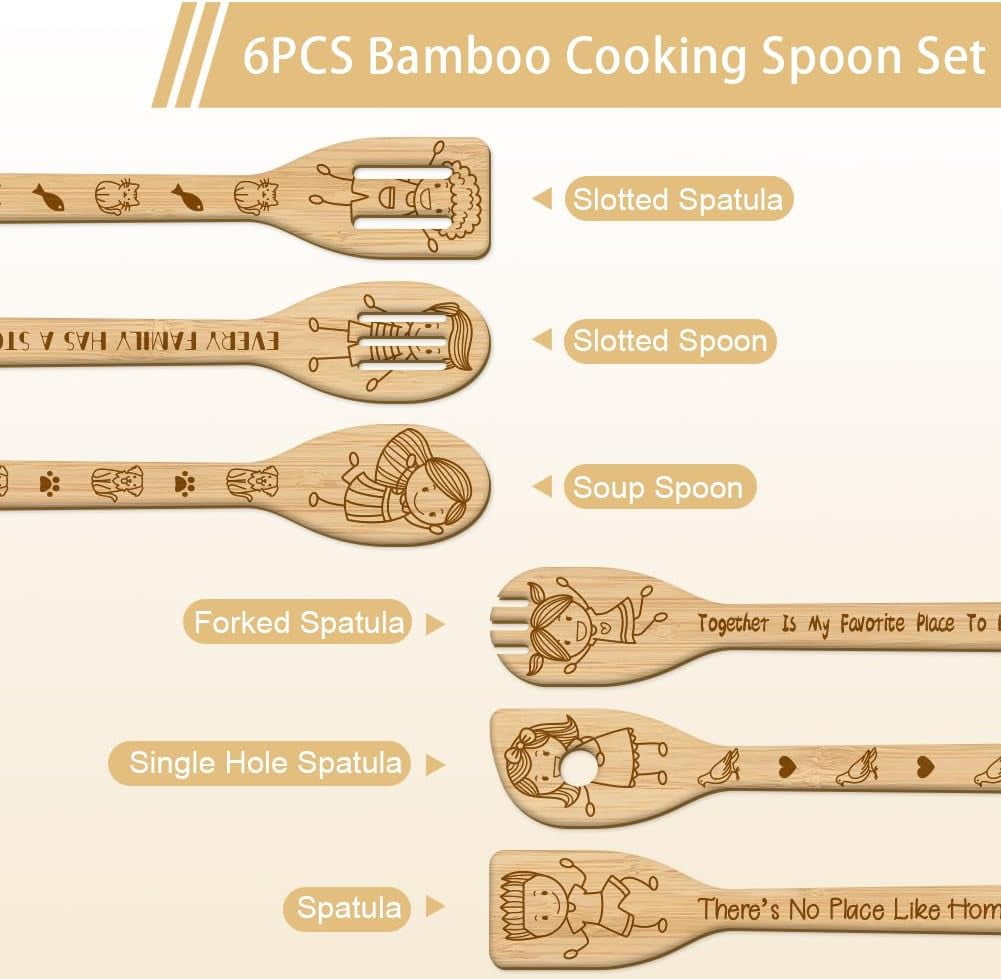 6Pcs Cute Simple Strokes Bamboo Cooking Utensils Wooden Engraved ...